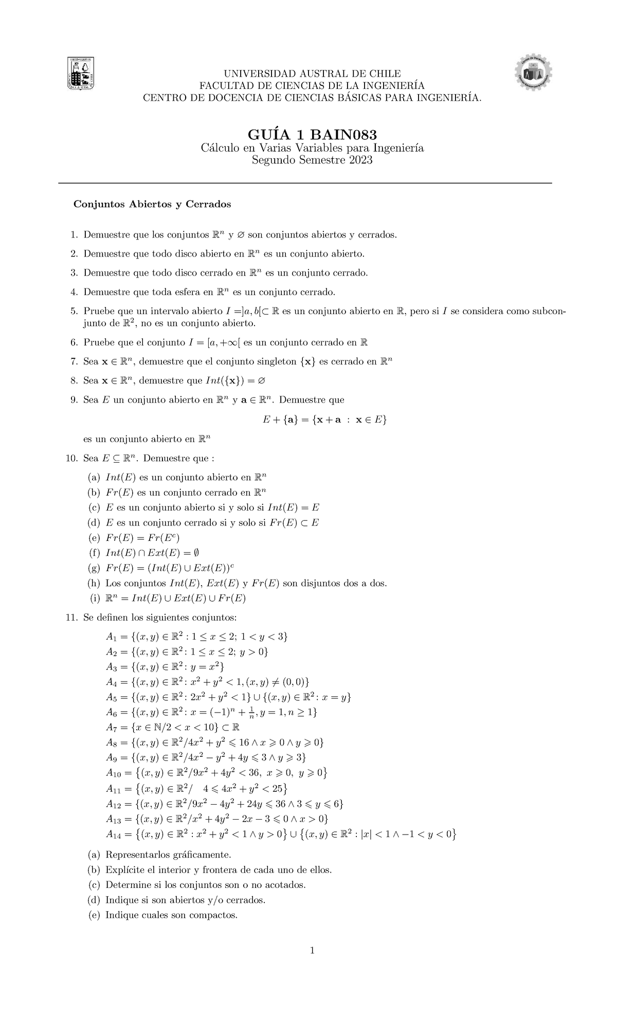 Guía 1 BAIN083: Cálculo en Varias Variables - Segundo Semestre 2023 ...