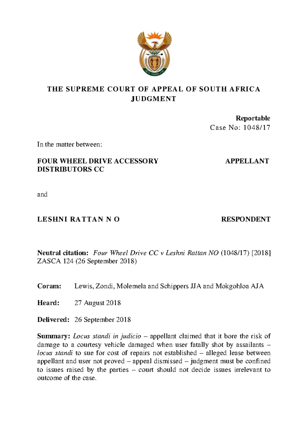 Locus Standi Case Overview: Four Wheel Drive Distributors CC (1048/17 ...