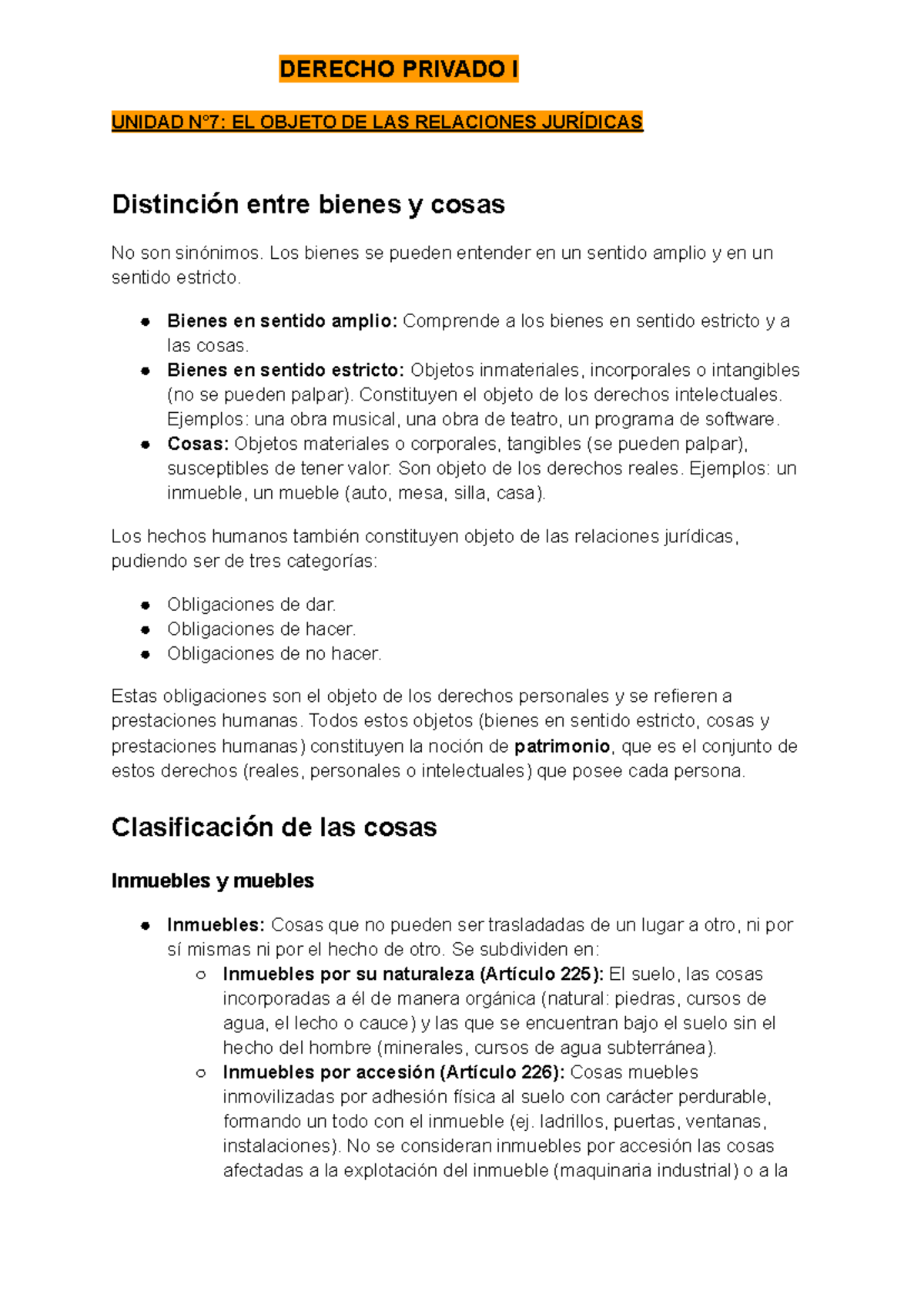 DERECHO PRIVADO I: Clasificación de Bienes y Cosas (2° Parcial) - Studocu