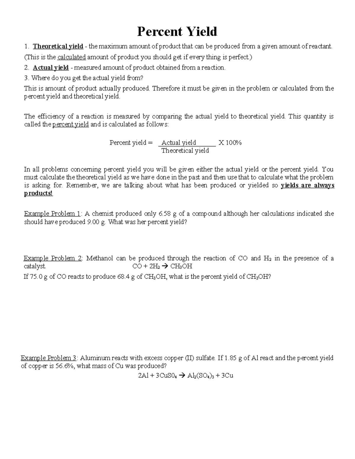 05 Percent Yield - Practice Problems and Calculations - Studocu