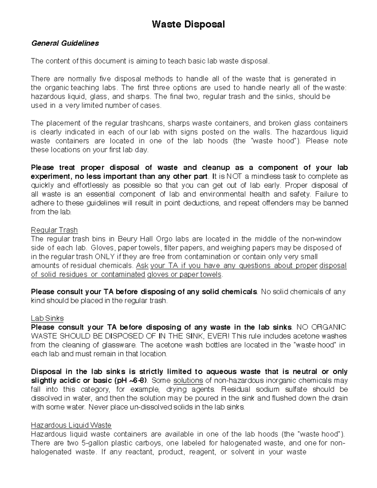 Waste Disposal Guidelines for Organic Labs (CHEM 101) - Studocu