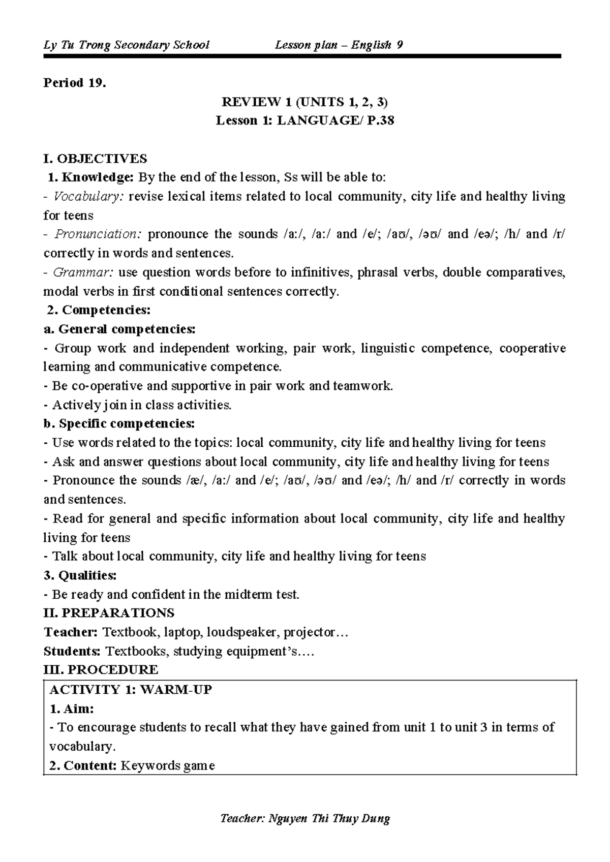 English 9 Lesson Plan: Review 1 (Units 1, 2, 3) - Period 19 - Studocu