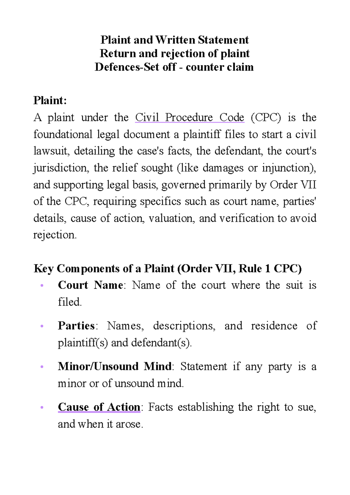 CPC 1908: Understanding Plaint & Written Statement Procedures - Studocu