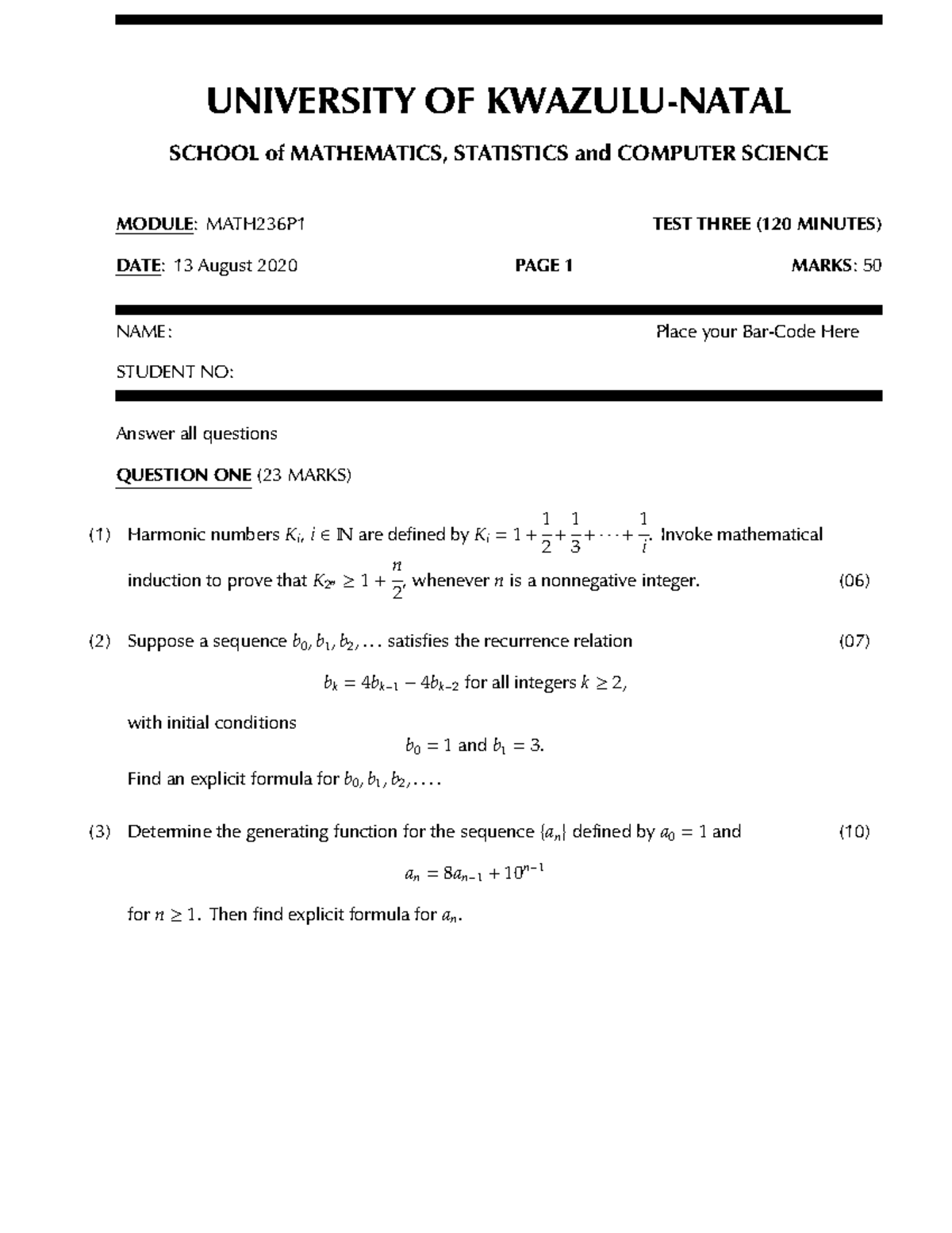 MATH236P1 Test Three - Mathematics & Computer Science 2020 - Studocu