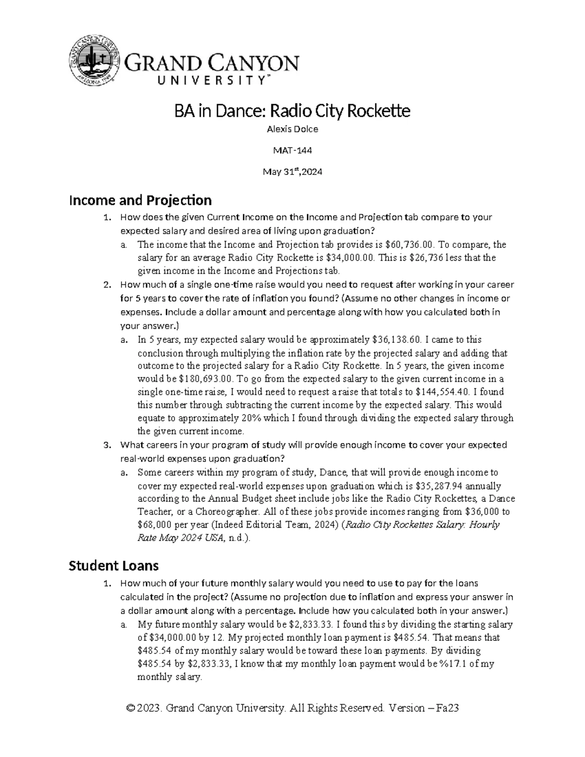 Math 144 Major Assignment 1 Budget Analysis and Calculations - Studocu