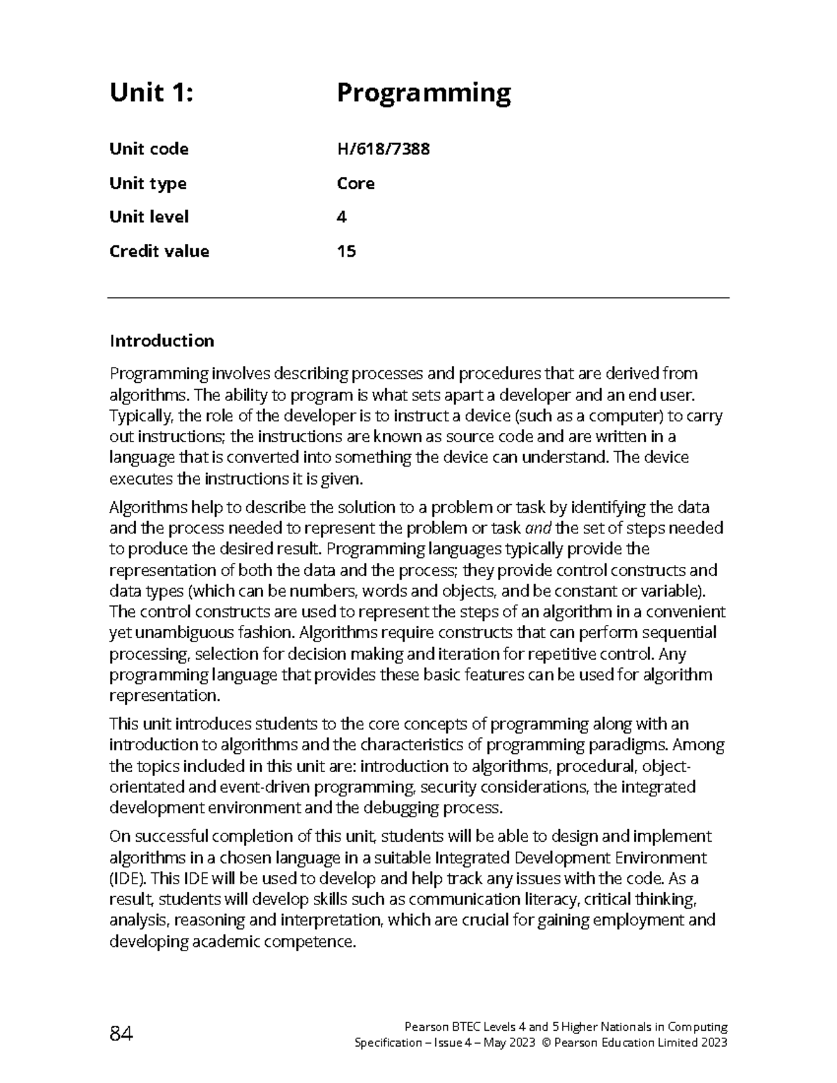 BTEC 7388 Unit 1: Intro to Programming & Algorithms Essentials - Studocu