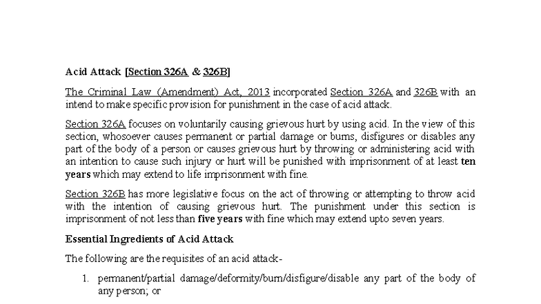 Acid Attack Legislation: Analyzing Section 326A & 326B of 326A - Studocu