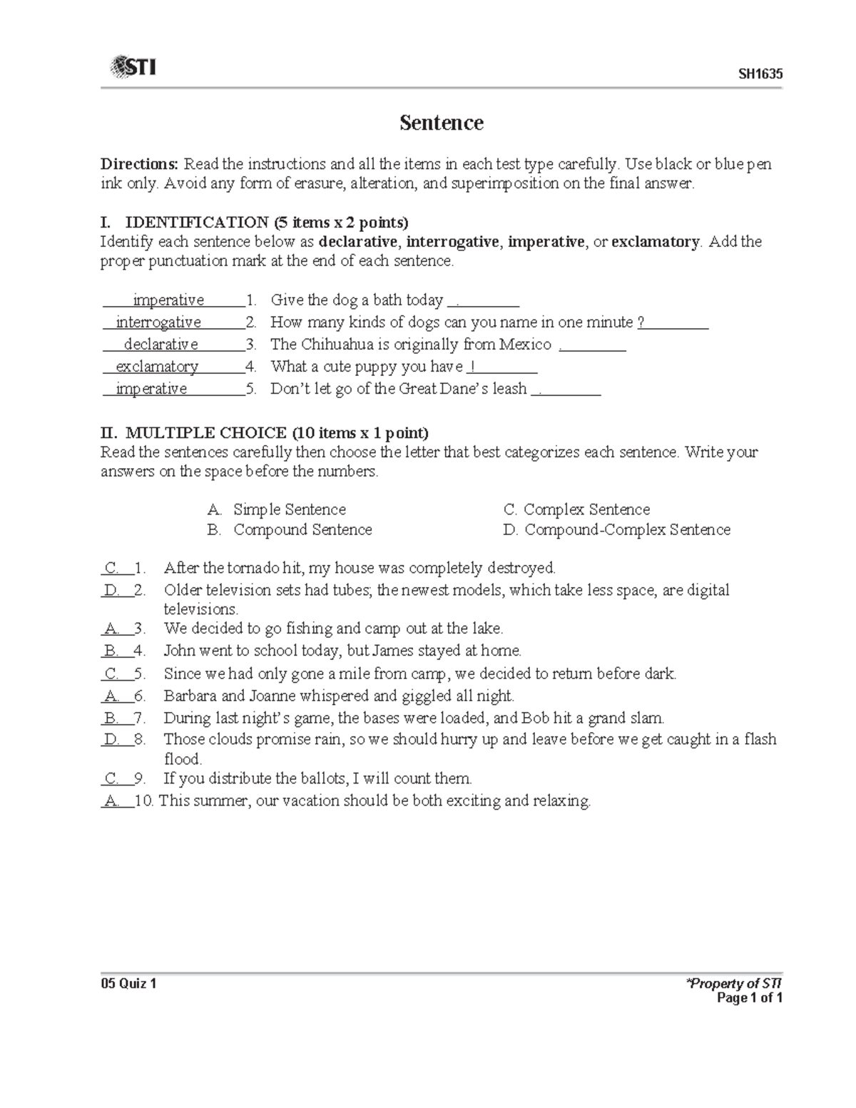 SH1635 Quiz 1: Sentence Types and Punctuation Practice - Studocu
