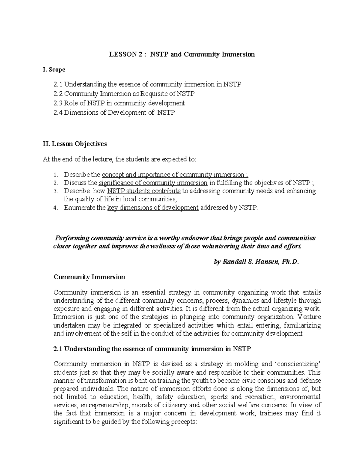 Lesson 2: NSTP Community Immersion - Importance and Objectives - Studocu