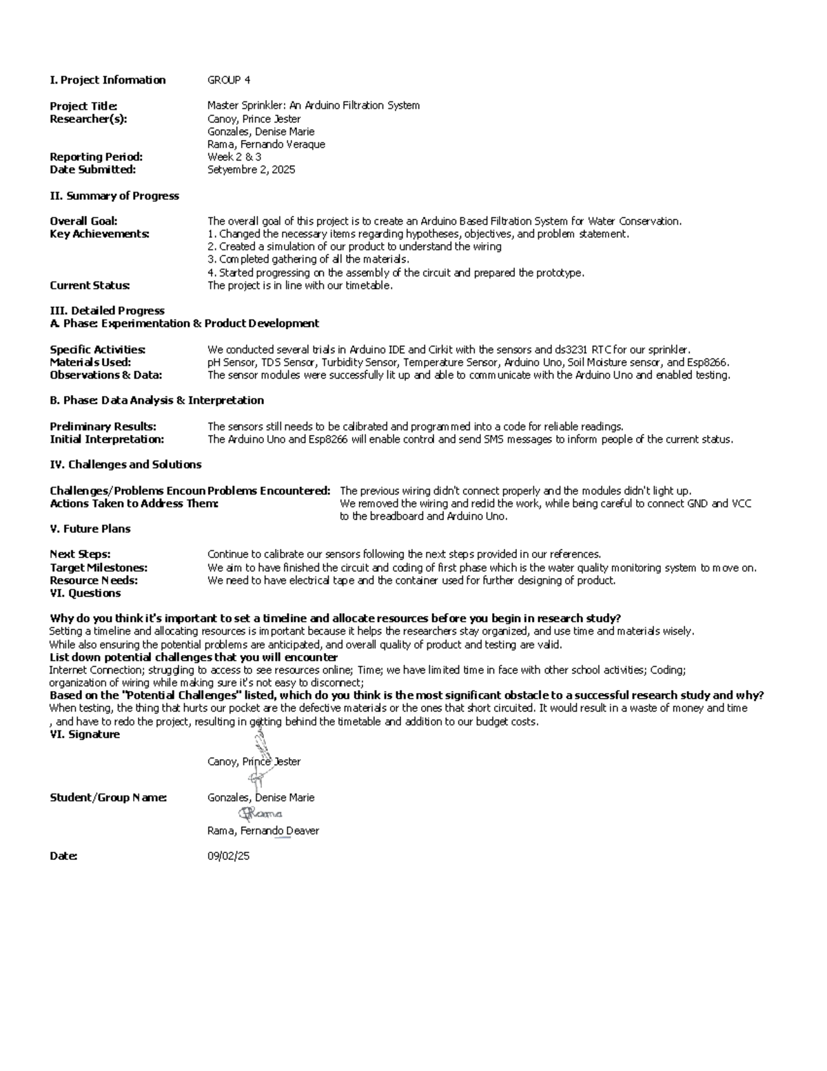 ENGR 101: Week 2 & 3 Progress Report on Arduino Filtration System - Studocu