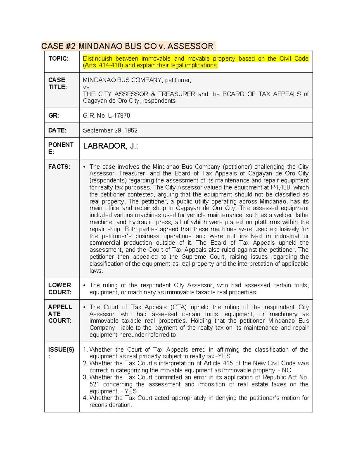 CASE DIGEST: MINDANAO BUS CO v. ASSESSOR - Movable vs. Immovable ...