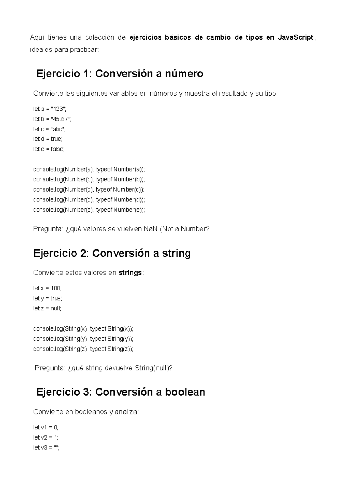 Ejercicios Básicos de Cambio de Tipos en JavaScript - JS101 - Studocu