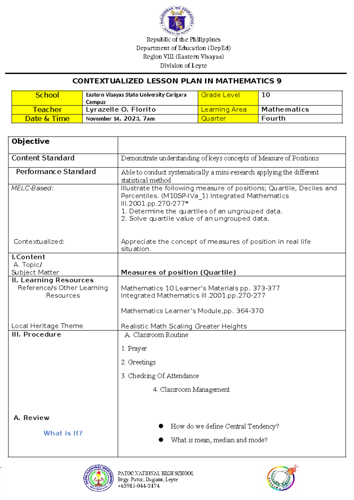 Mathematics 10 Contextualized Lesson Plan: Measures of Position ...