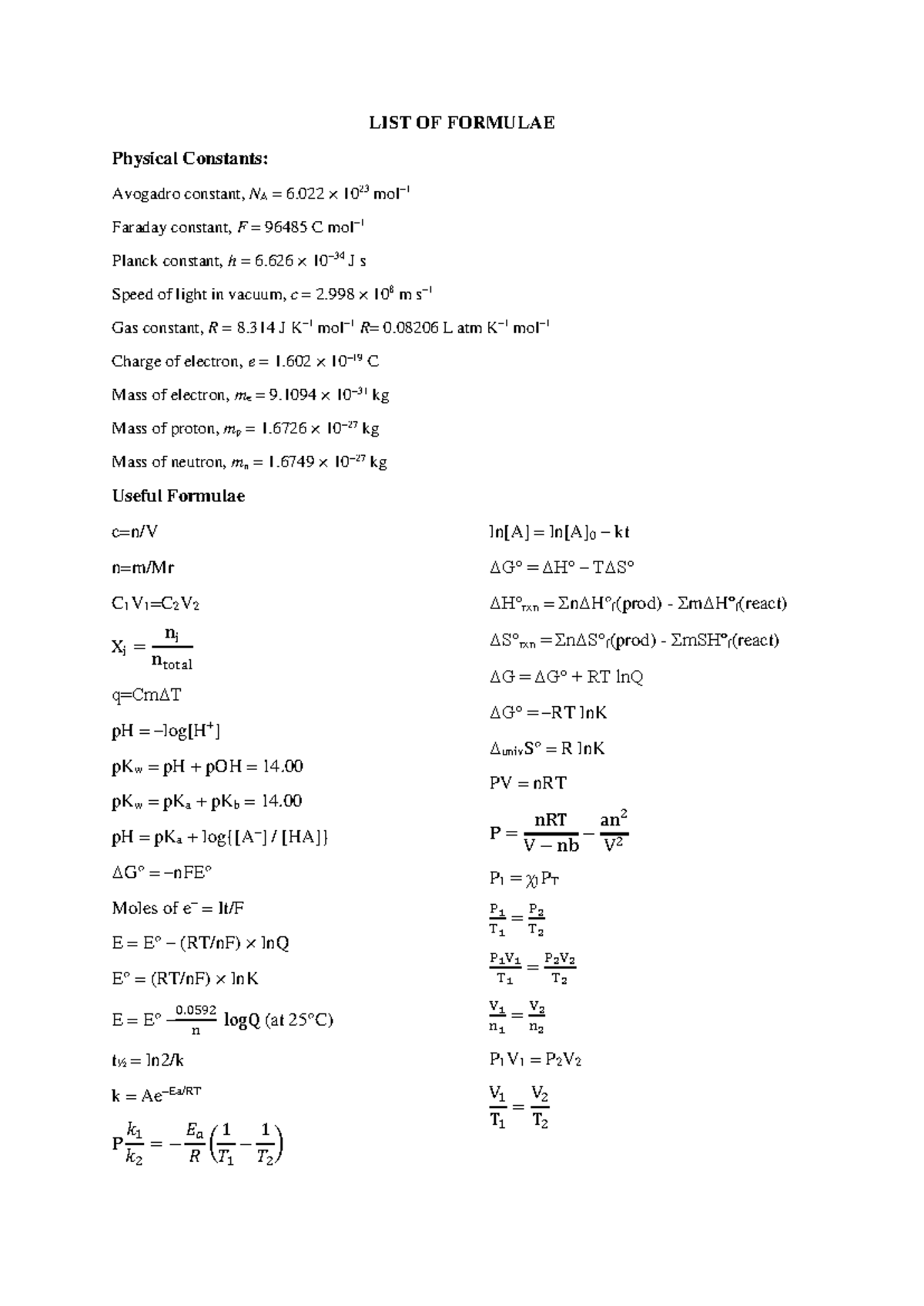 EGB161 Formula Sheet: Key Physical Constants and Useful Equations - Studocu