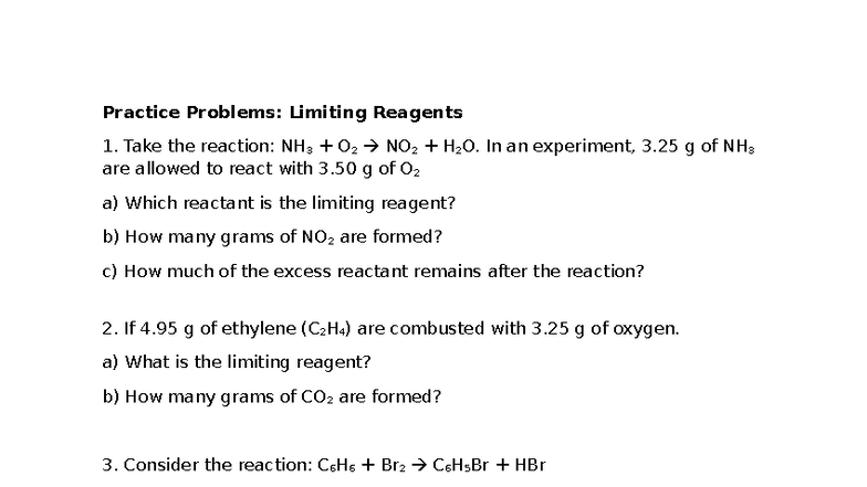 Practice Problems: Limiting Reagents and Yields (Chem 101) - Studocu