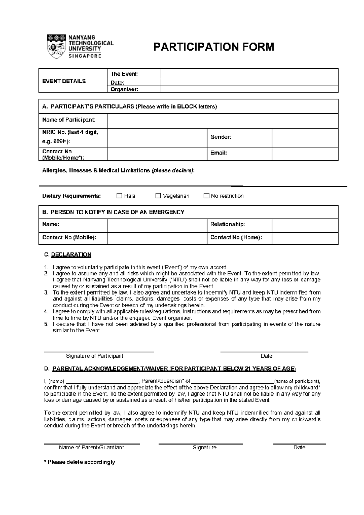 NTU Participation Form - PARTICIPATION FORM EVENT DETAILS The Event ...