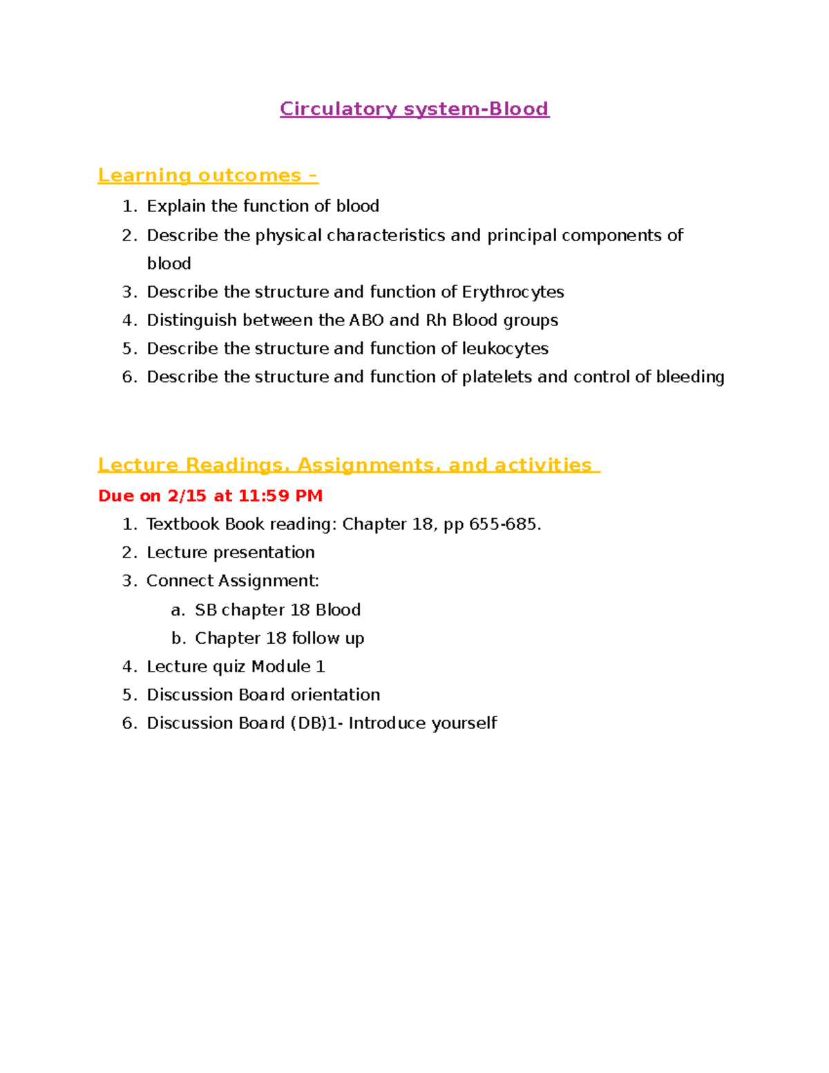 Circulatory System Lecture Notes: Chapter 18 - Blood (Bio 101 ...