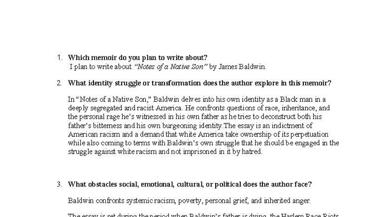 Prewrite - Essay on James Baldwin's "Notes of a Native Son" - Studocu