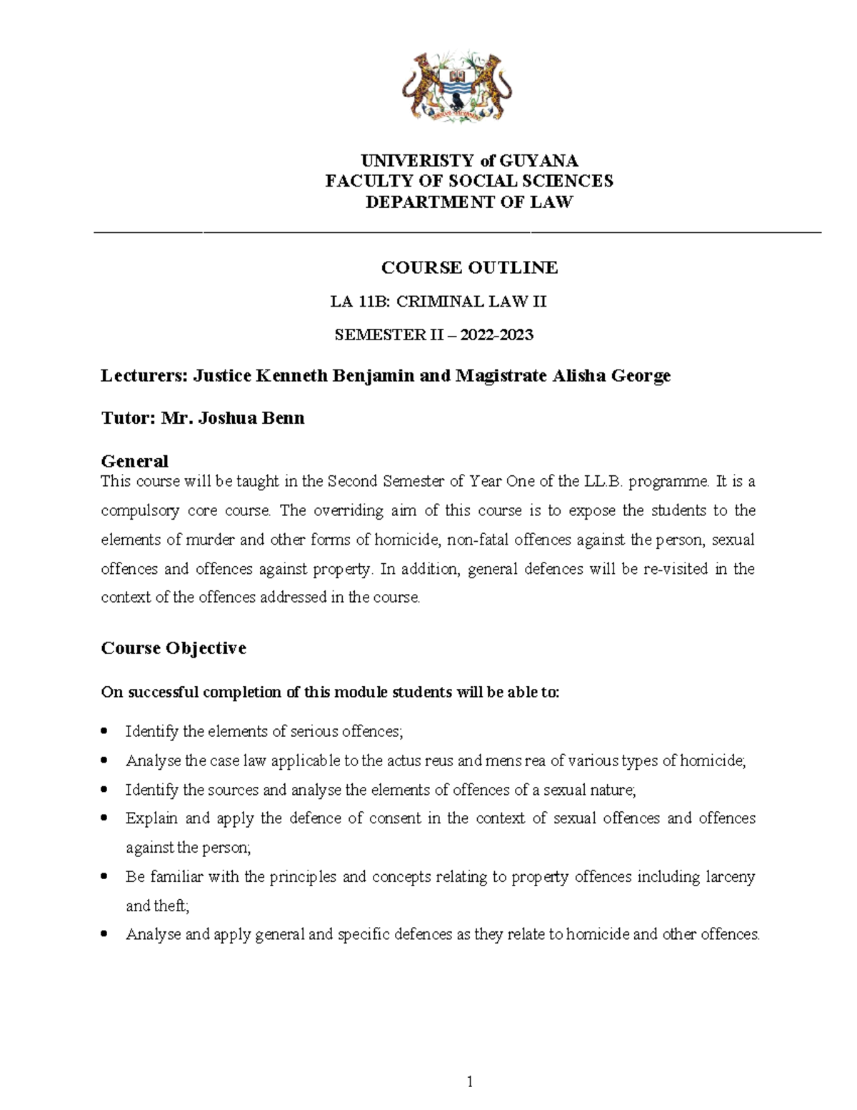 Criminal Law II - LA11B - Semester II Course Outline and Objectives - Studocu