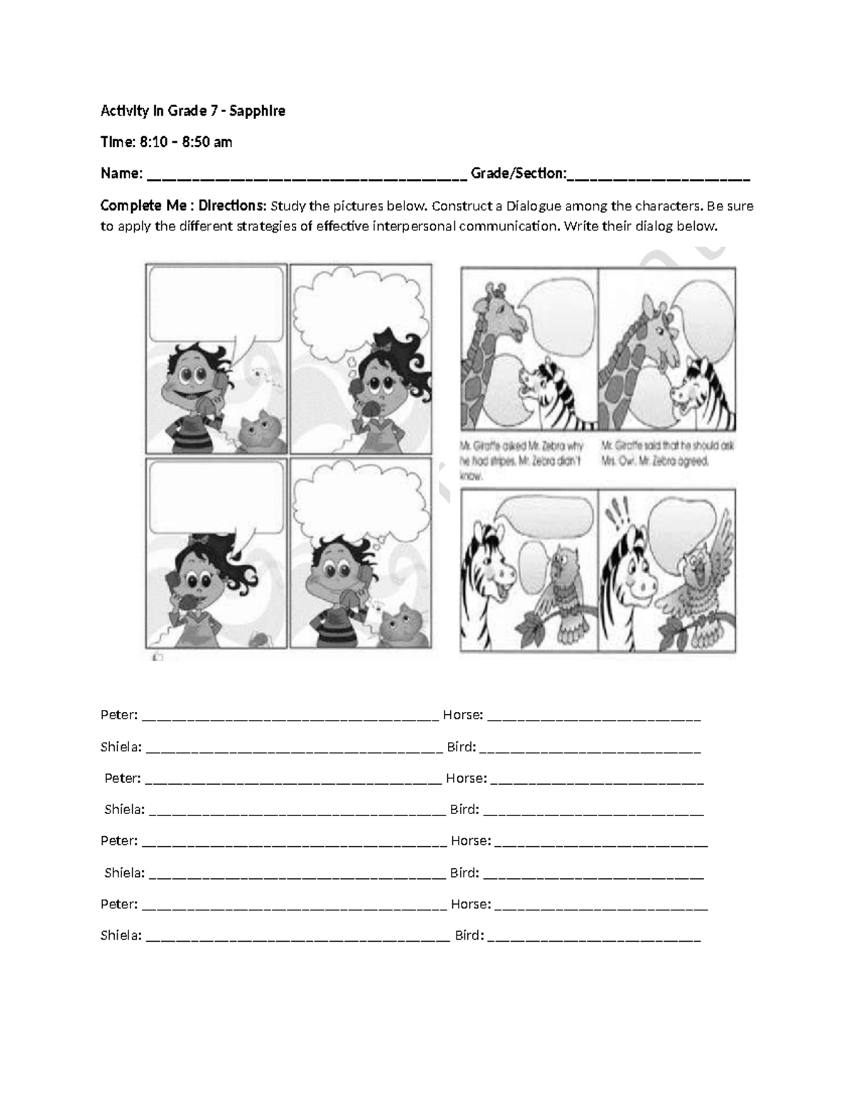 Grade 7 Activity: Dialogue Construction & Housekeeping Tasks - Studocu