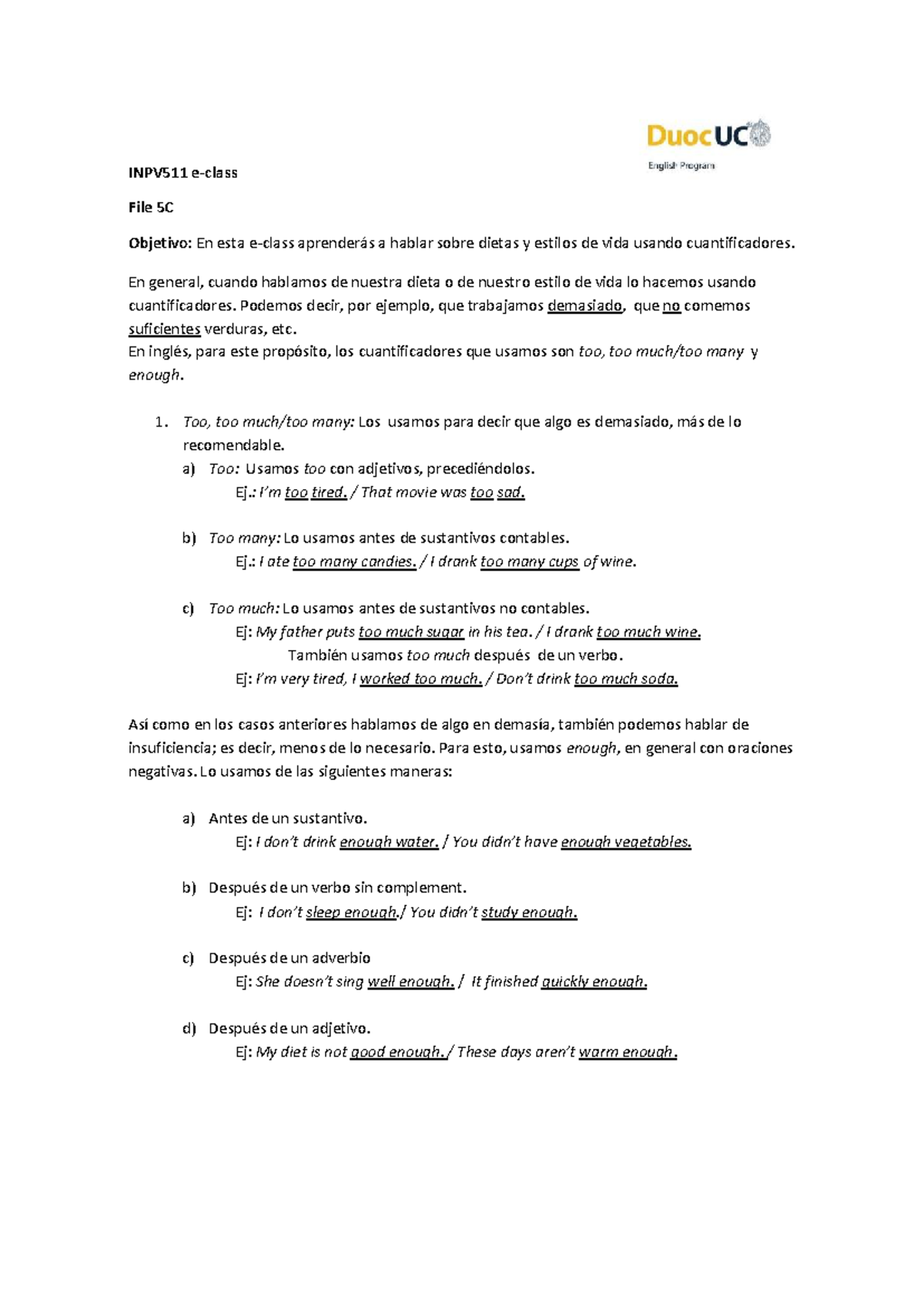 INPV511 e-Class 5C: Cuantificadores en Dietas y Estilos de Vida - Studocu