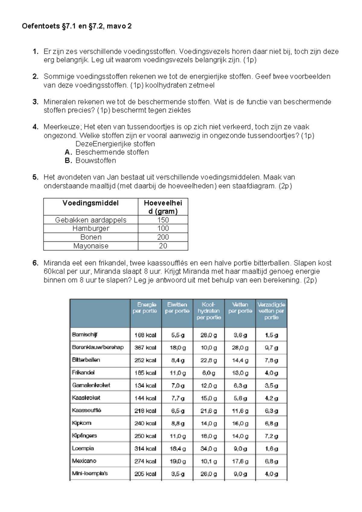 Oefentoets 7.1 en 7.2, Mavo 2: Voeding en Energieanalyse - Studeersnel
