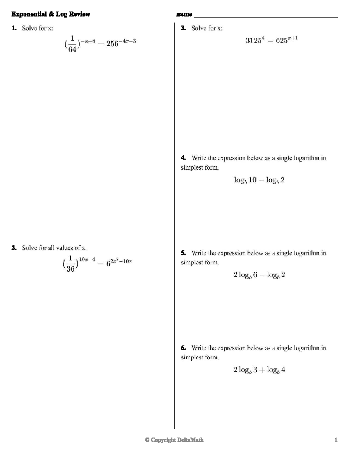 Exponential & Log Review WS: Solving for X and Simplifying Logs - Studocu