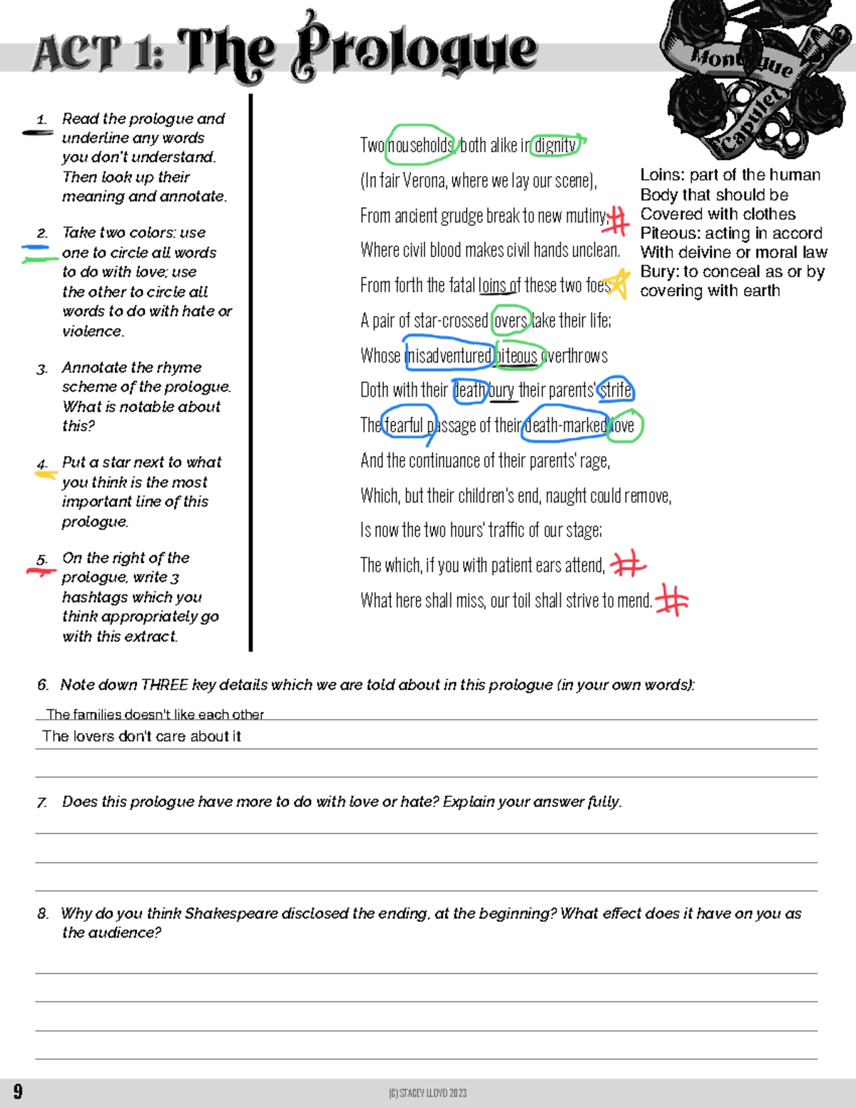 Prologue Worksheet - Idk - Two households, both alike in dignity (In ...