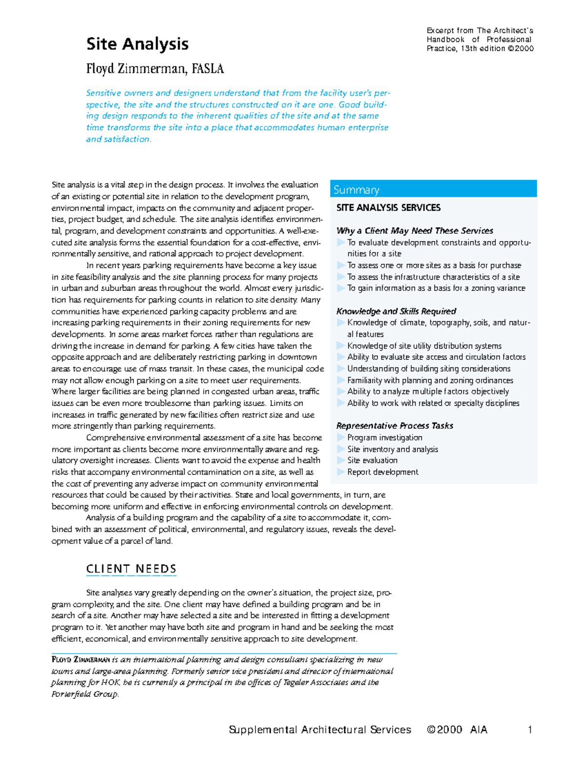 Site Analysis: Client Needs & Architectural Services (1000 AIA 1) - Studocu