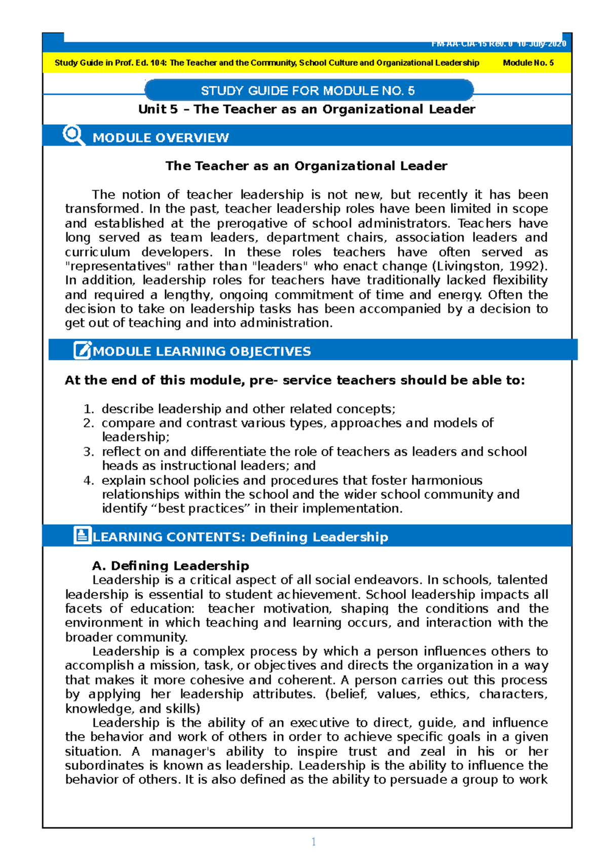 PROF ED 104 SG 5 - The Teacher as an Organizational Leader Study Guide ...