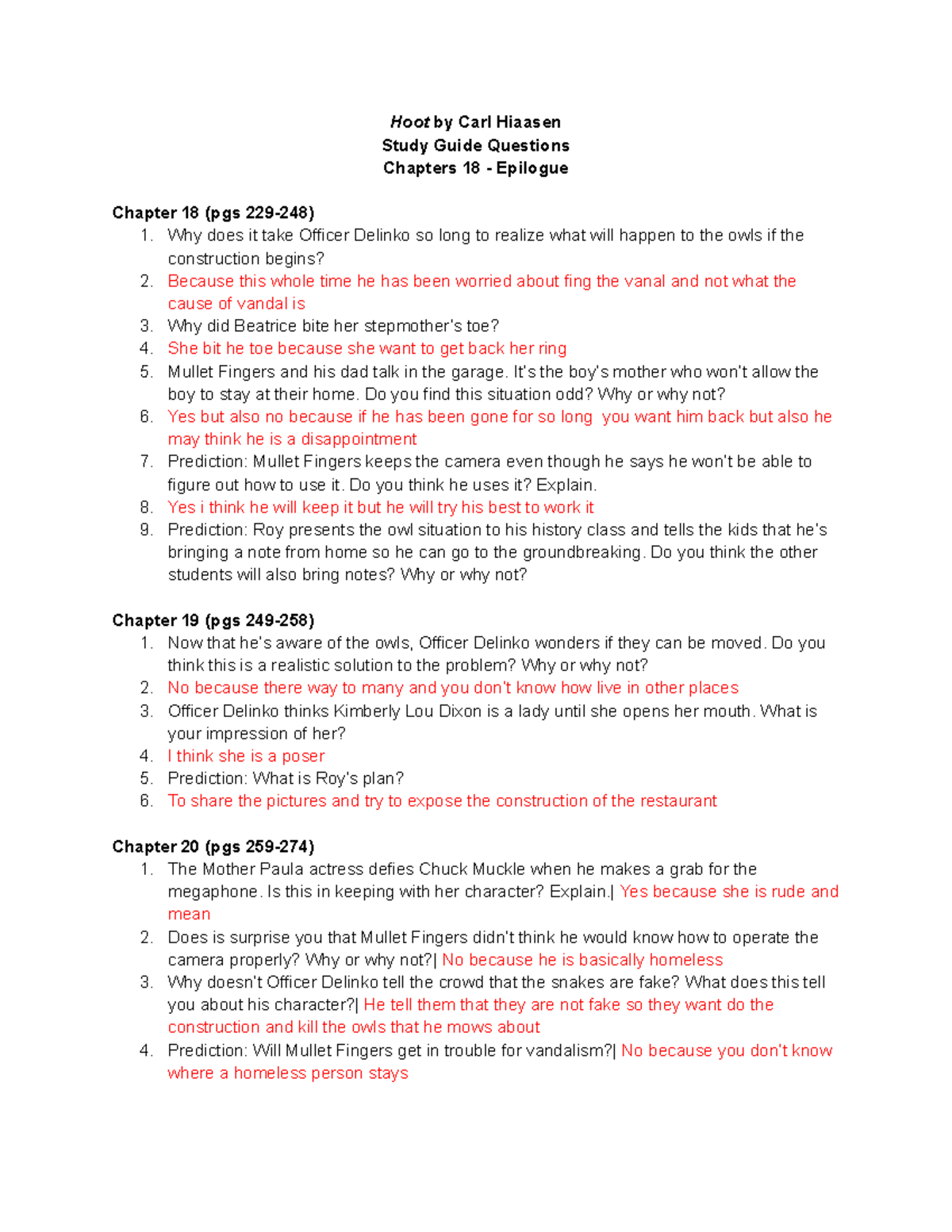 Marcus Leach - Hoot Study Guide Ch 18-Epilogue - Hoot by Carl Hiaasen ...