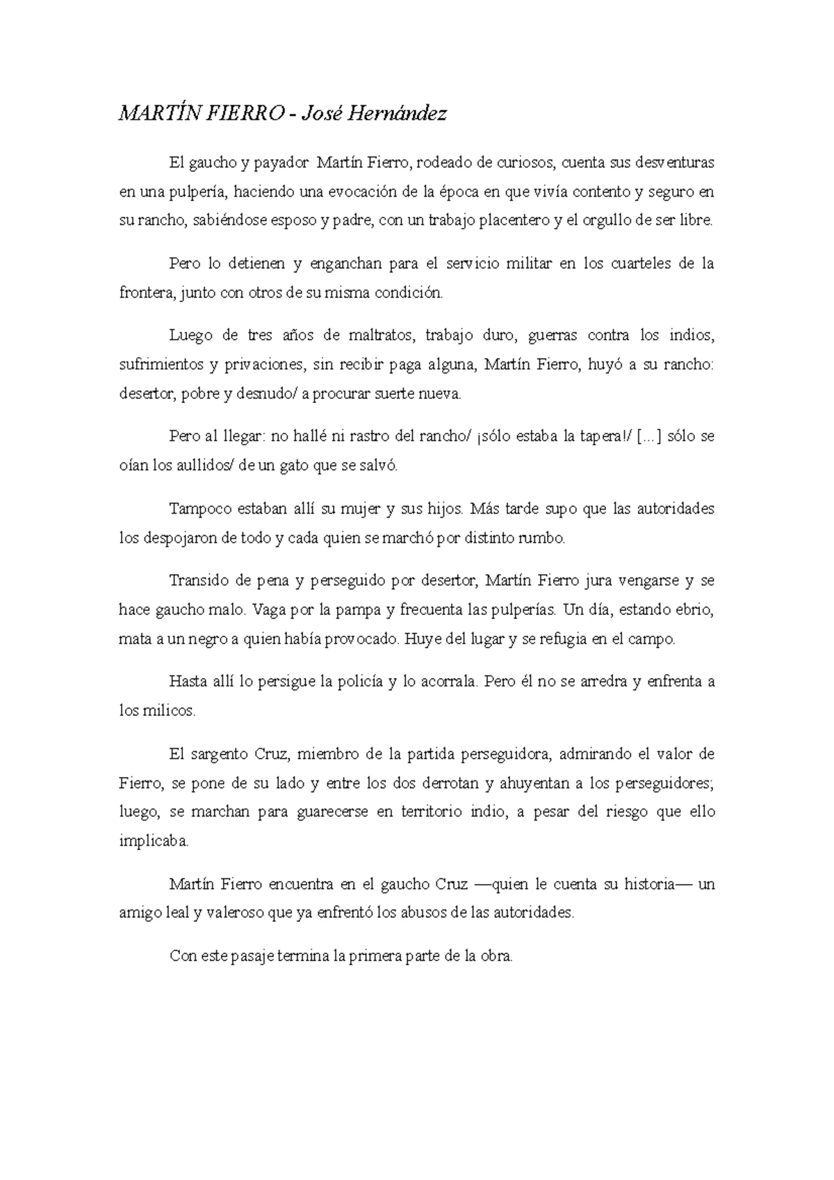 Resumen Martín Fierro por cantos - Resumen Martín Fierro Resumen ...