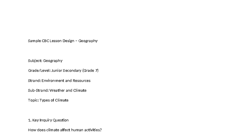 Sample CBC Lesson Plan: Geography - Weather & Climate (Grade 7) - Studocu