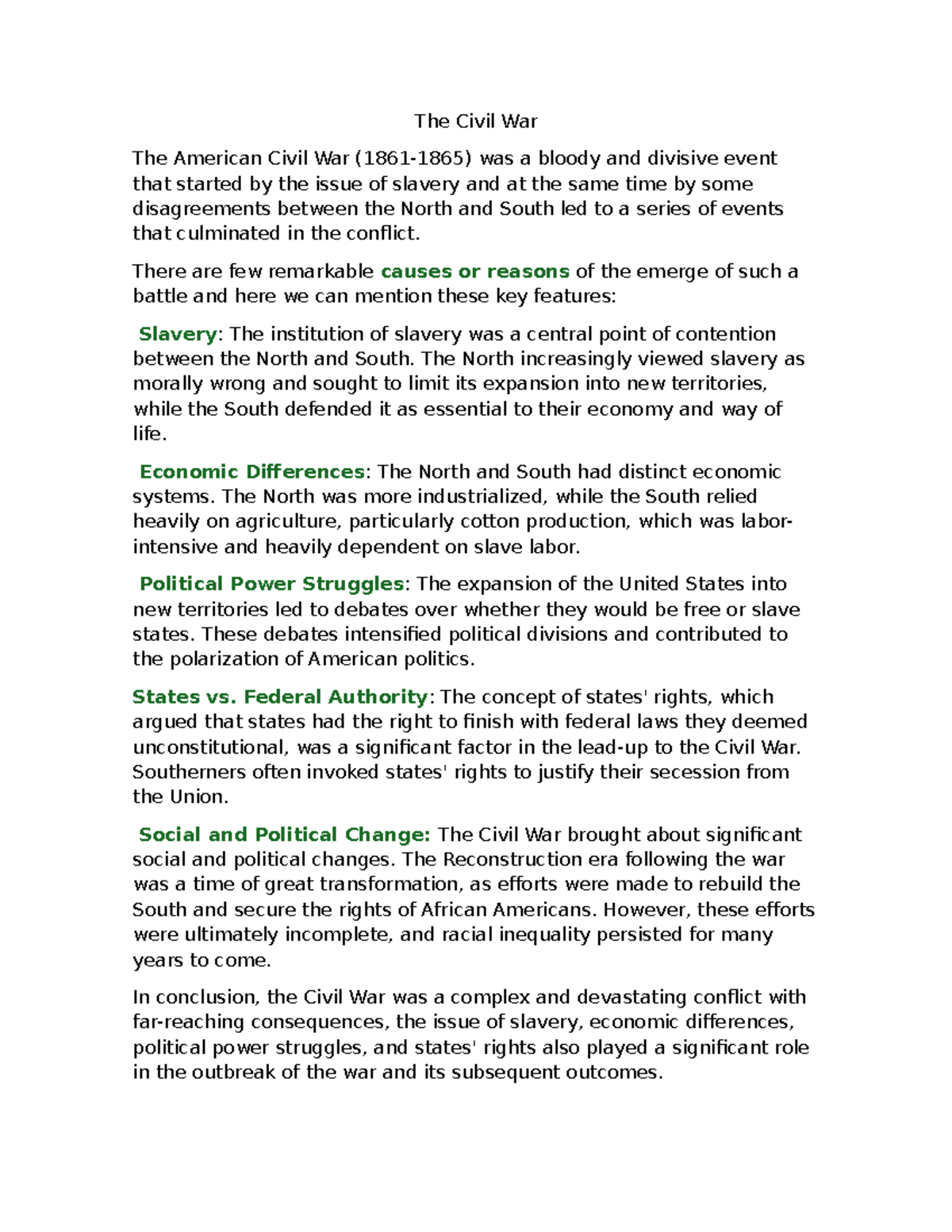 CIV 101: Key Causes and Consequences of the Civil War - Studocu