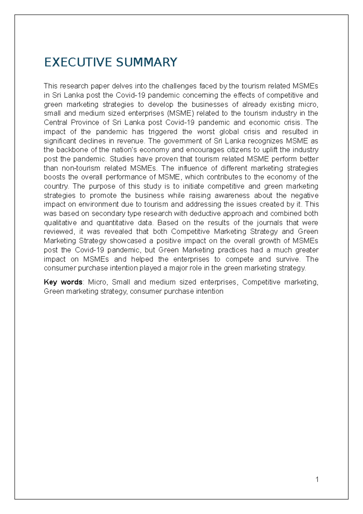 Executive Summary - business management - EXECUTIVE SUMMARY This ...