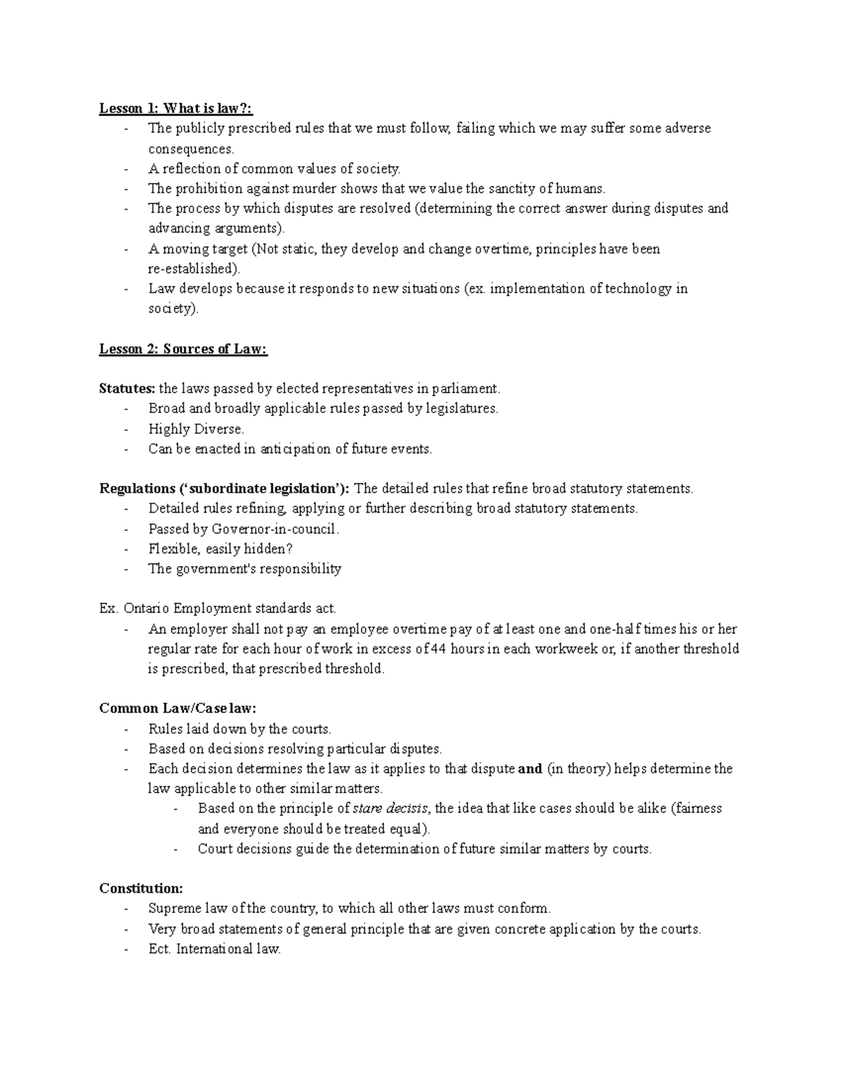 Law module 1 - Week one lesson notes on legal principles and sources ...