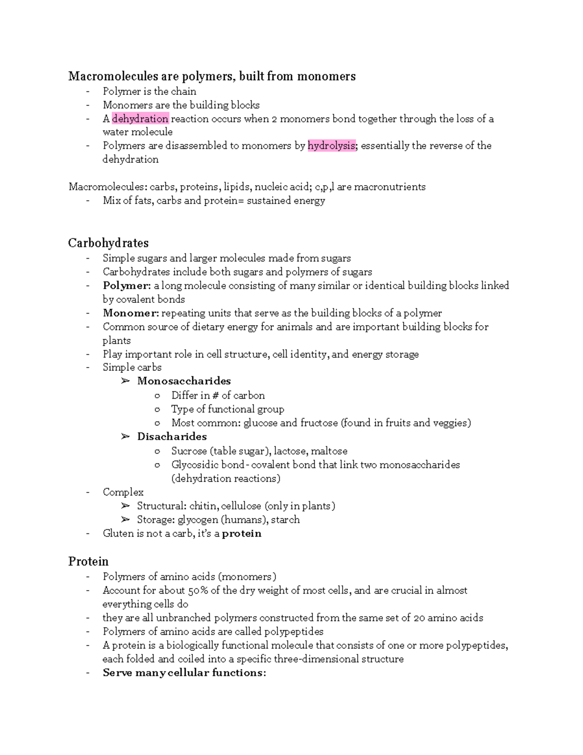 Bio 1500 Unit 1: Overview of Macromolecules - Proteins, Carbs, Lipids ...