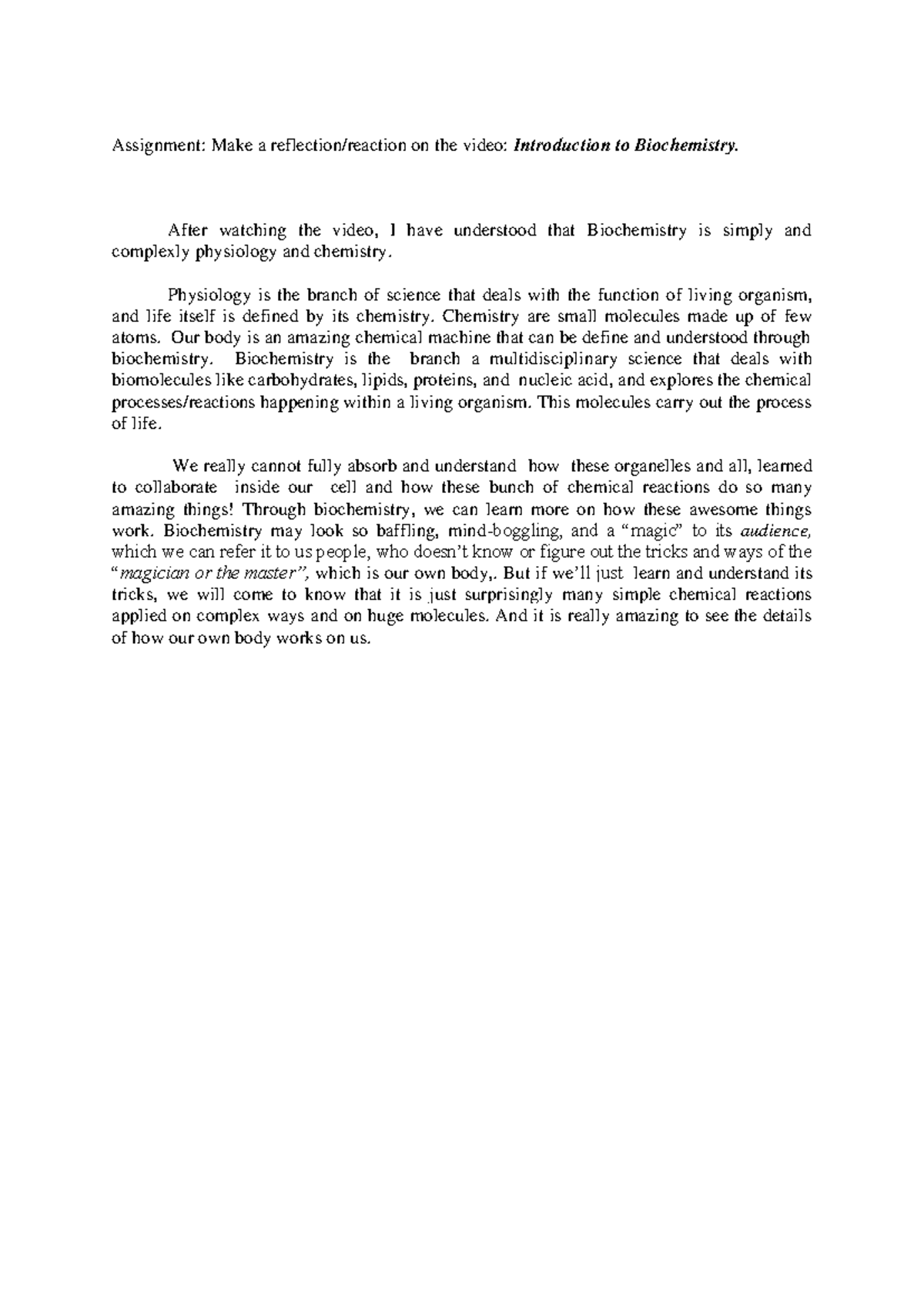 Introduction TO Biochemistry ( Reflection Essay) - Assignment: Make a ...