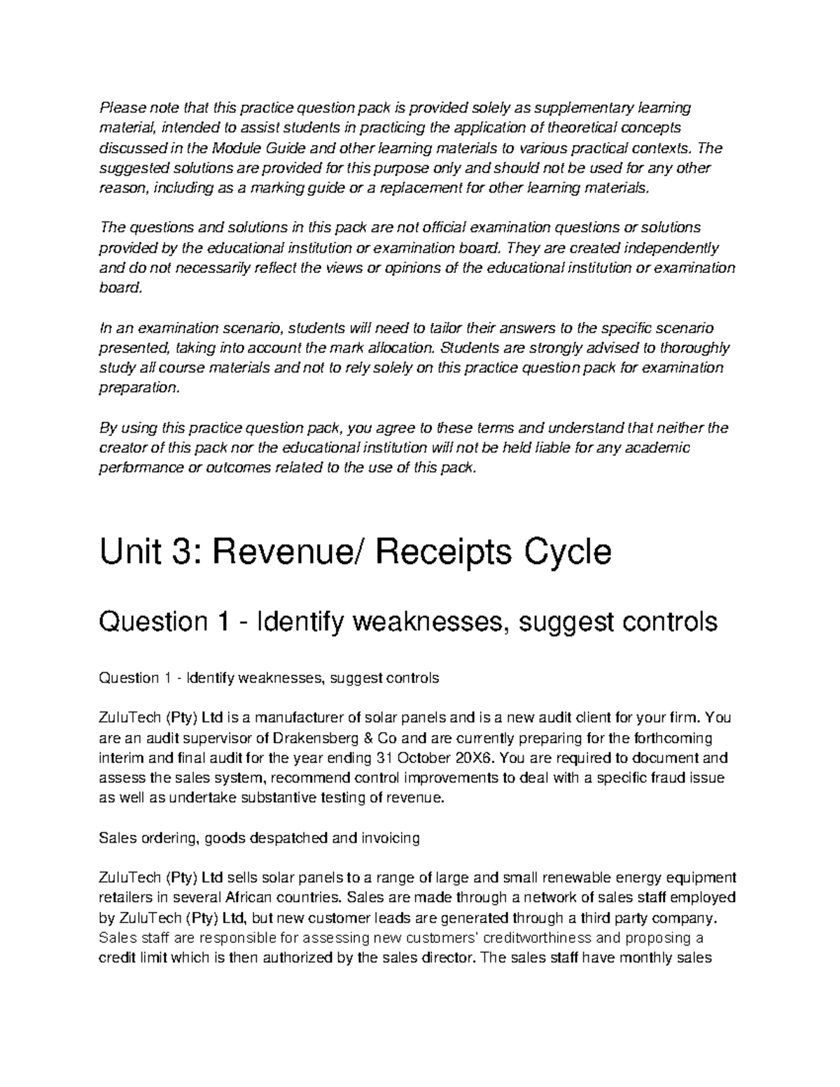 Auditing 3A Week 3 Revenue/Receipts Cycle Practice Questions ...