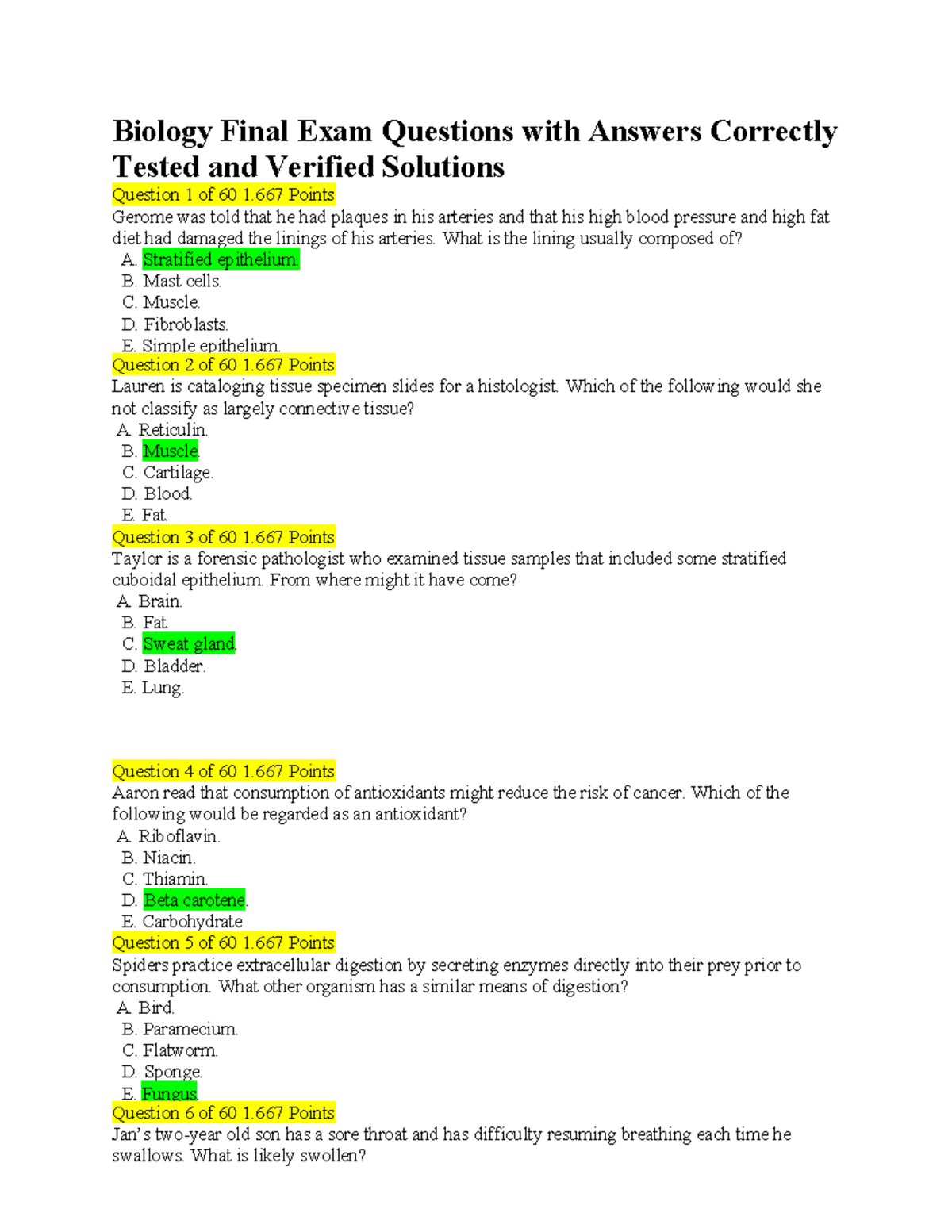 BIO Final - Question 4 of 60 1 Points Biology Final Exam Questions with ...