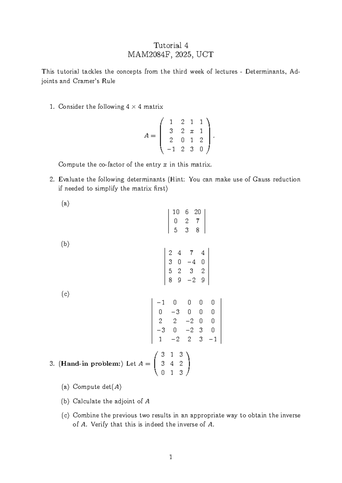 Tutorial 4 - chapter 3 - Tutorial 4 MAM2084F, 2025, UCT This tutorial ...