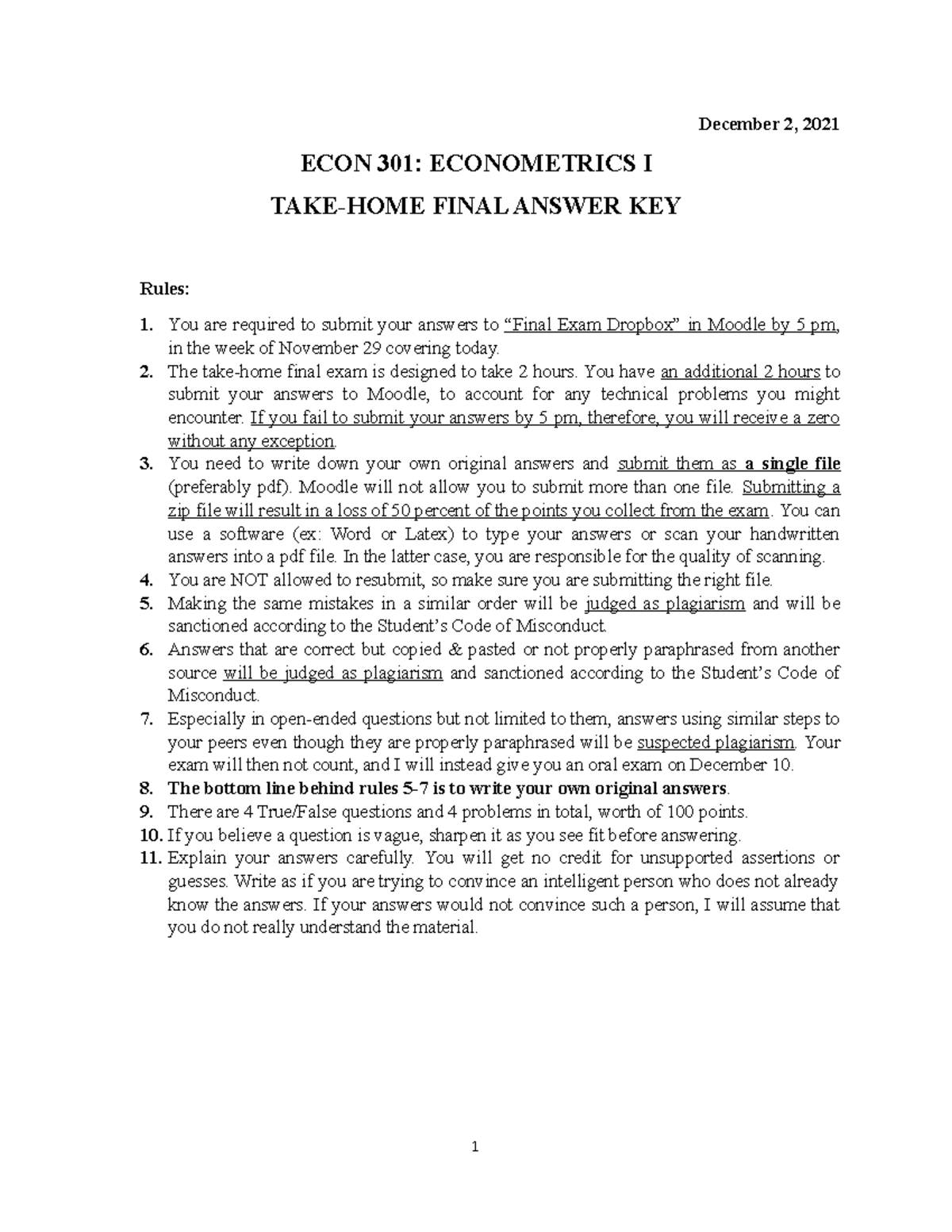 ECON 301 Final F2021 Answer Key - December 2, 2021 ECON 301 ...