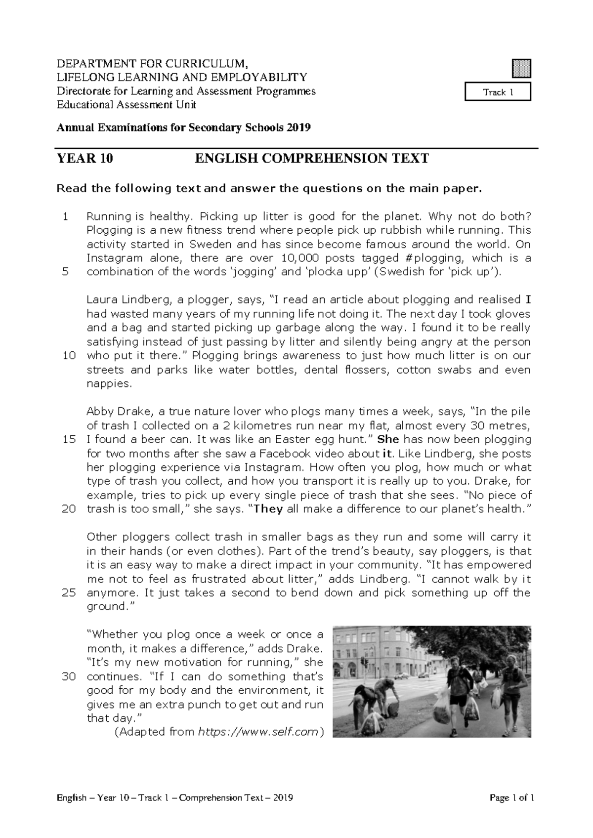 English Year 10 T1 Comprehension: Plogging and Its Impact - 2019 - Studocu