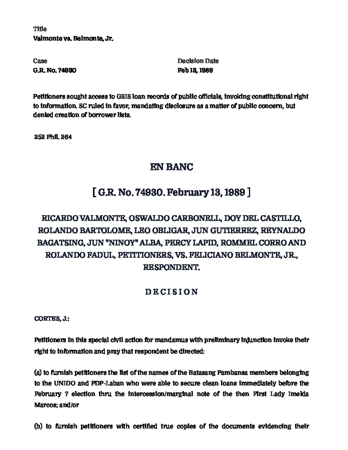 G.R. No. 74930: Valmonte vs. Belmonte, Jr. Case Analysis on Right to ...