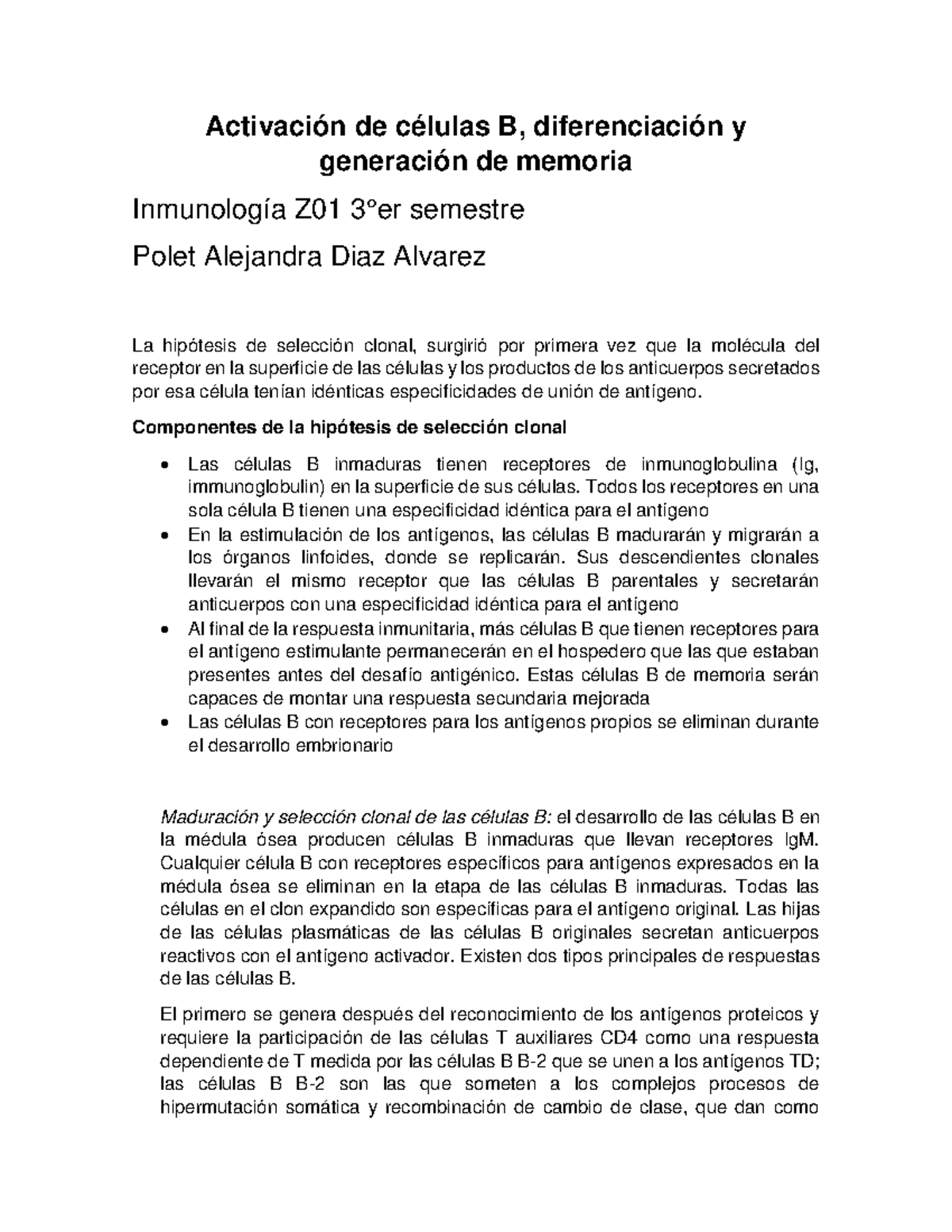 Activación y Memoria de Células B en Inmunología Z01 - 3° Semestre - Studocu