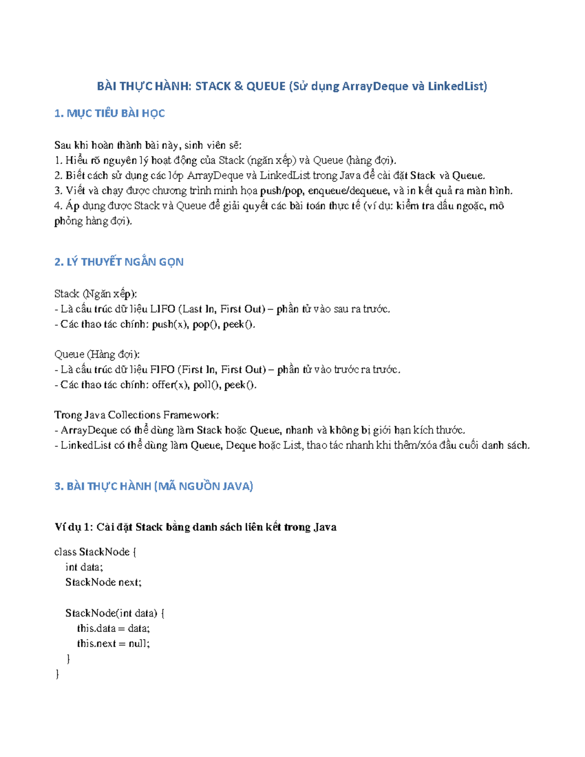 BÀI THỰC HÀNH LAB2: STACK VÀ QUEUE (Sử dụng ArrayDeque, LinkedList ...