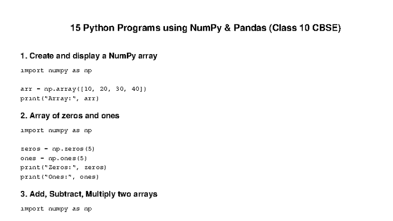 15 Python Programs with NumPy & Pandas (Class 10 CBSE) - Studocu