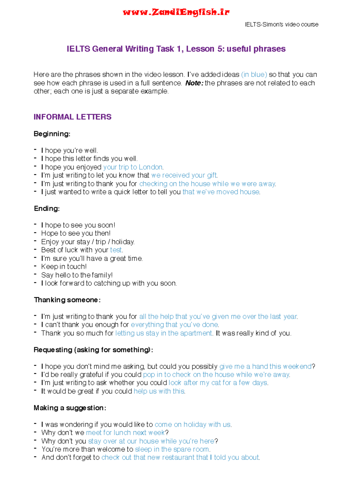 IELTS General Writing Task 1: Useful Phrases for Letters - Studocu