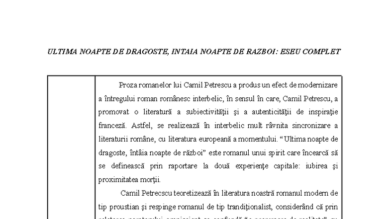 ESEU COMPLET: Ultima Noapte de Dragoste, Întâia Noapte de Război - Studocu