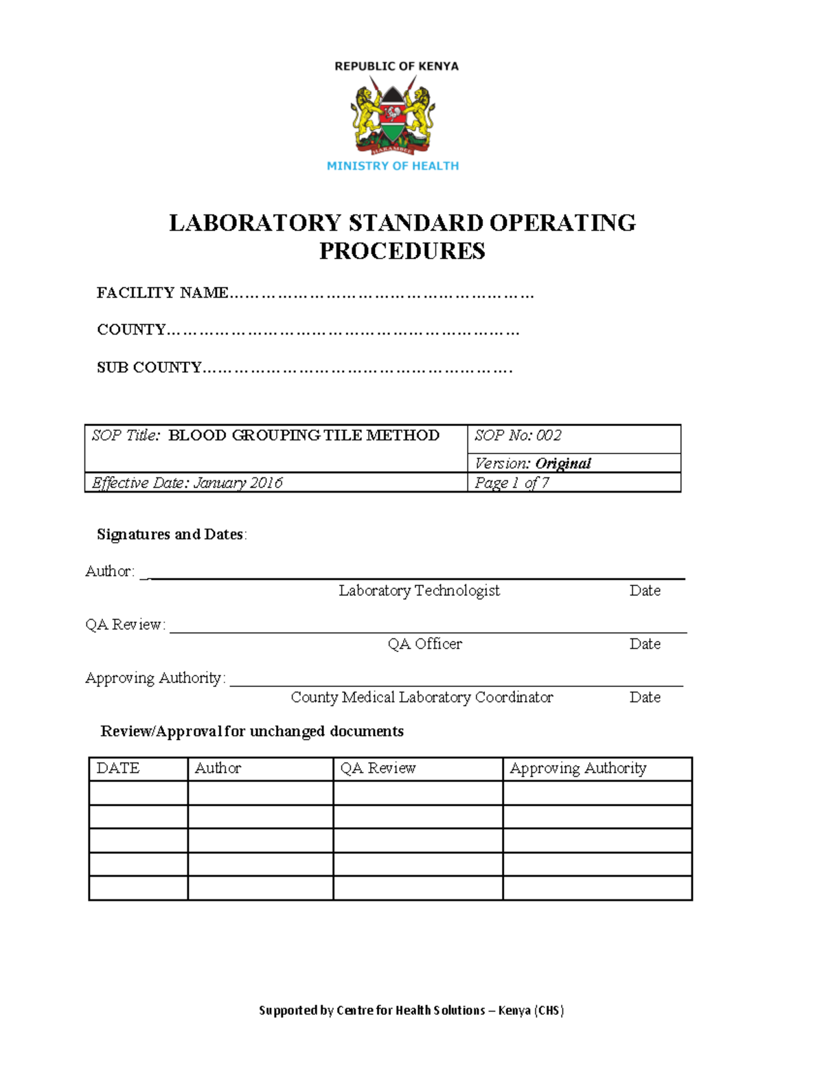 Blood grouping tile method - LABORATORY STANDARD OPERATING PROCEDURES FACILITY - Studocu
